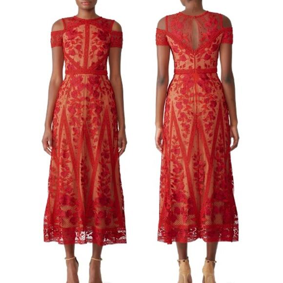 Marchesa | Dresses | Marchesa Notte Embroidered Red Lace Tea Length ...